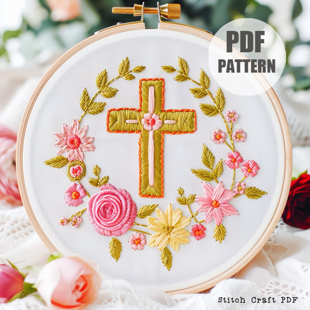 Floral Cross Hand Embroidery Pattern, Cross Embroidery Pattern ...