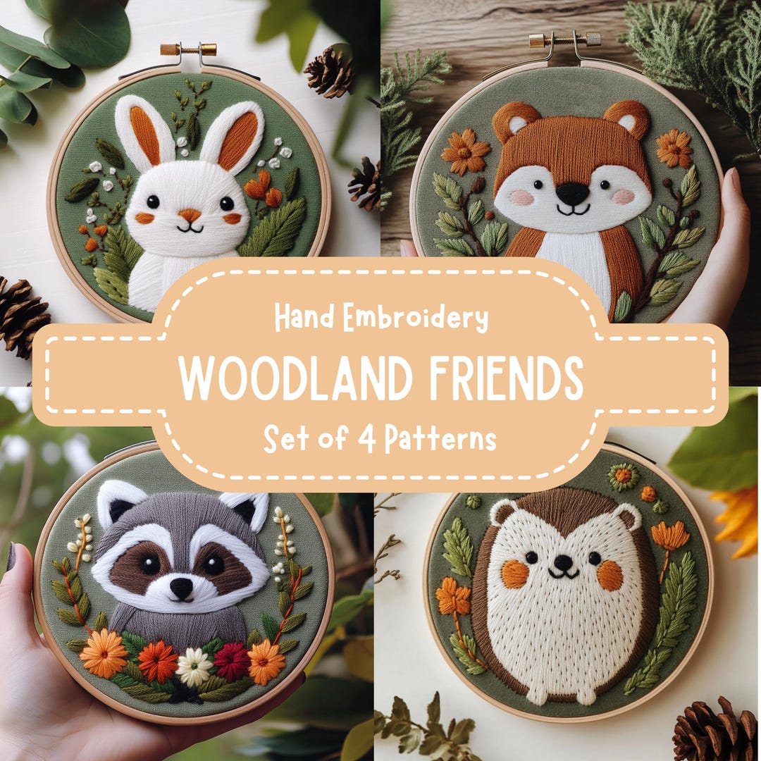 Woodland Animals Embroidery Pattern: Raccoon, Bunny, Fawn Handmade Art ...