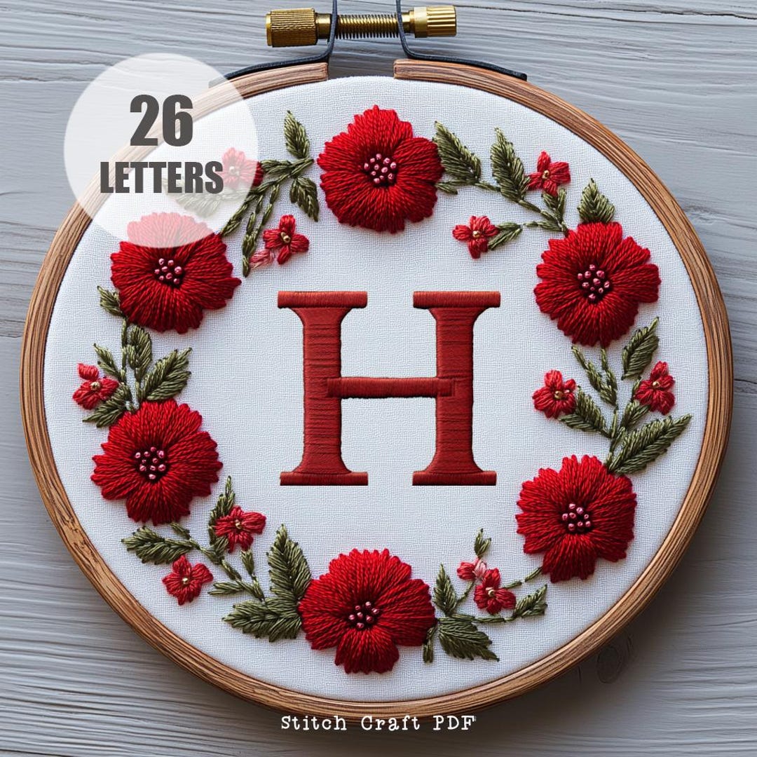 Floral Alphabet Embroidery Pattern: Red Flower Wreath, Capital Letters ...