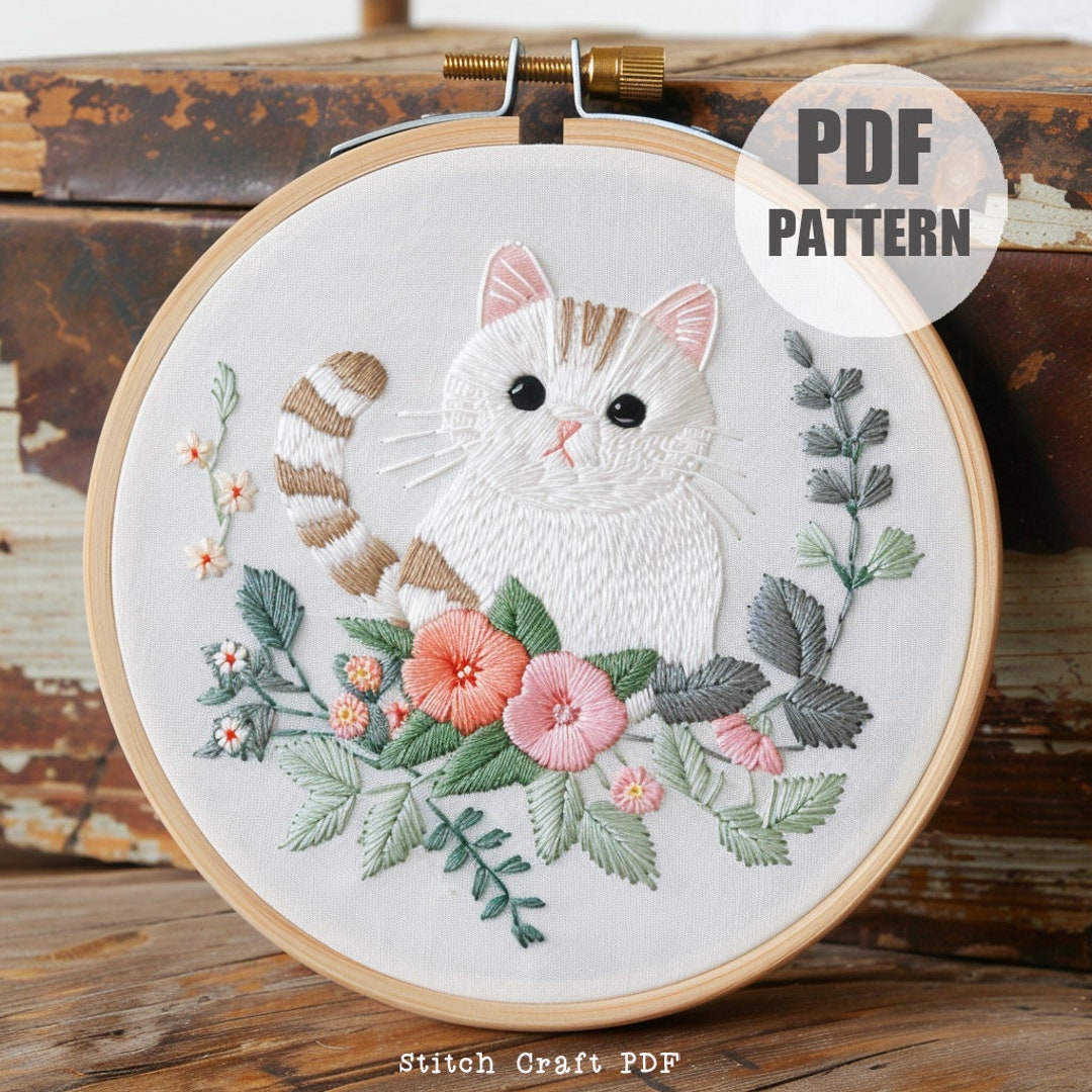 Floral Cat Hand Embroidery Design, Cat Embroidery Pattern, Animal Hand ...