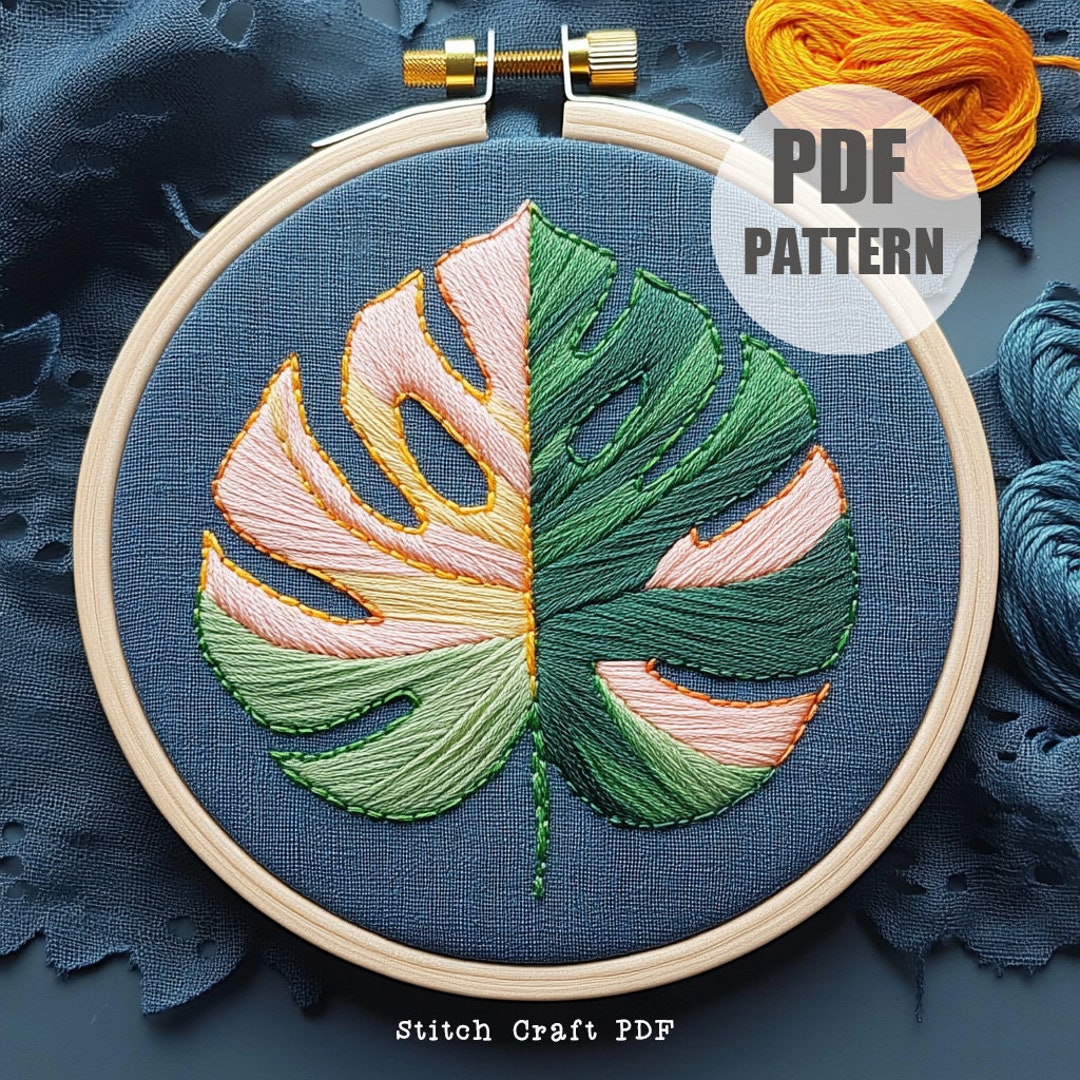 Monstera Leaf Embroidery, PDF Pattern, Fresh Leaves, Botanical ...