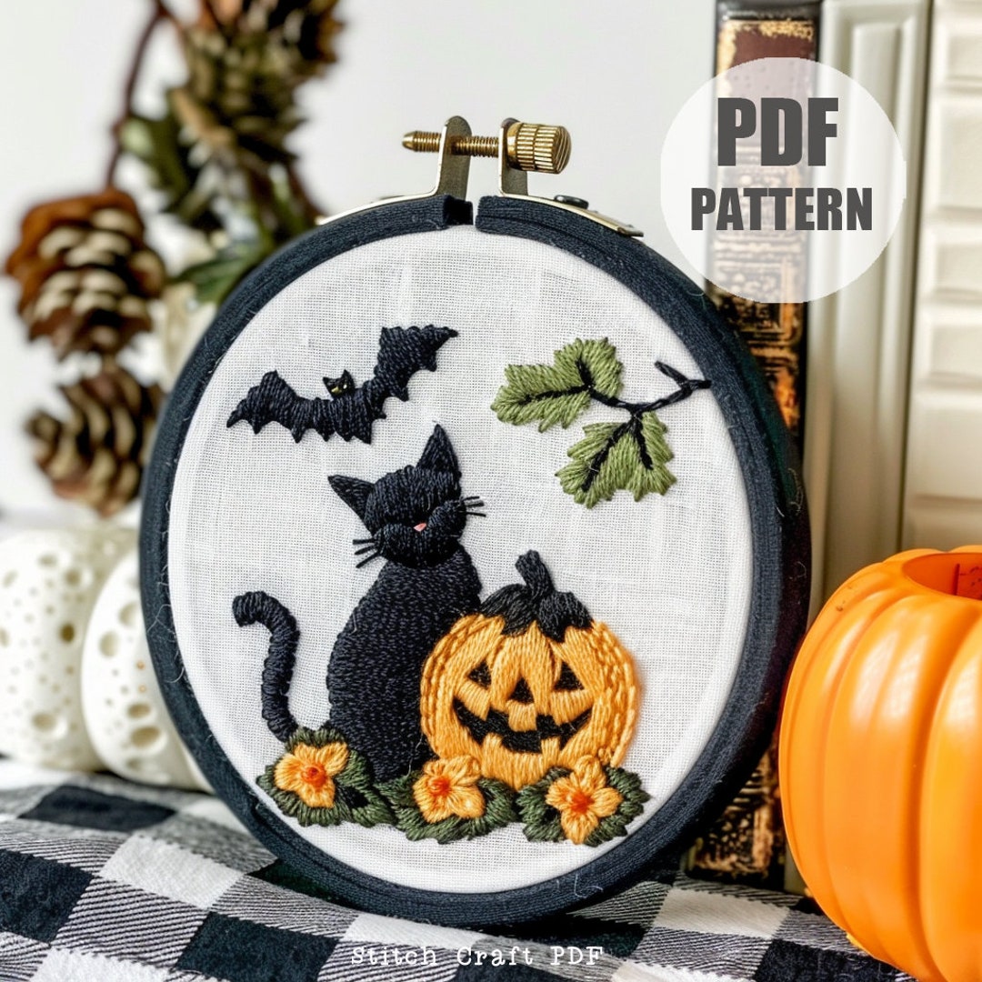 Halloween Cat Embroidery Pattern, Hand Embroidery, PDF Pattern ...