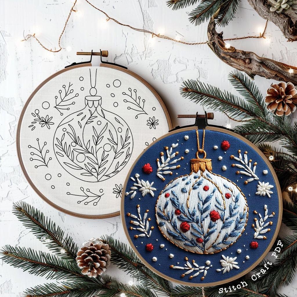 Christmas Ornament Embroidery Pattern: Blue Bauble Floral Hoop Art (PDF ...