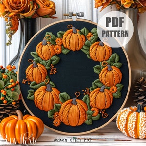 Pumpkin Wreath Hand Embroidery, Embroidery Pattern, Pumpkin Embroidery ...