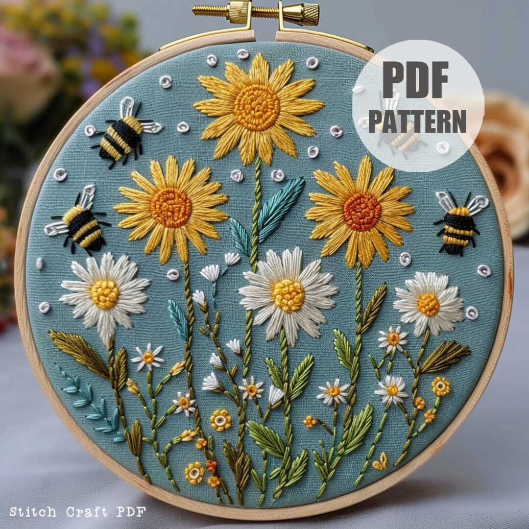 Sunflower & Bee Hand Embroidery Pattern: Meadow Hoop Art (PDF Pattern ...