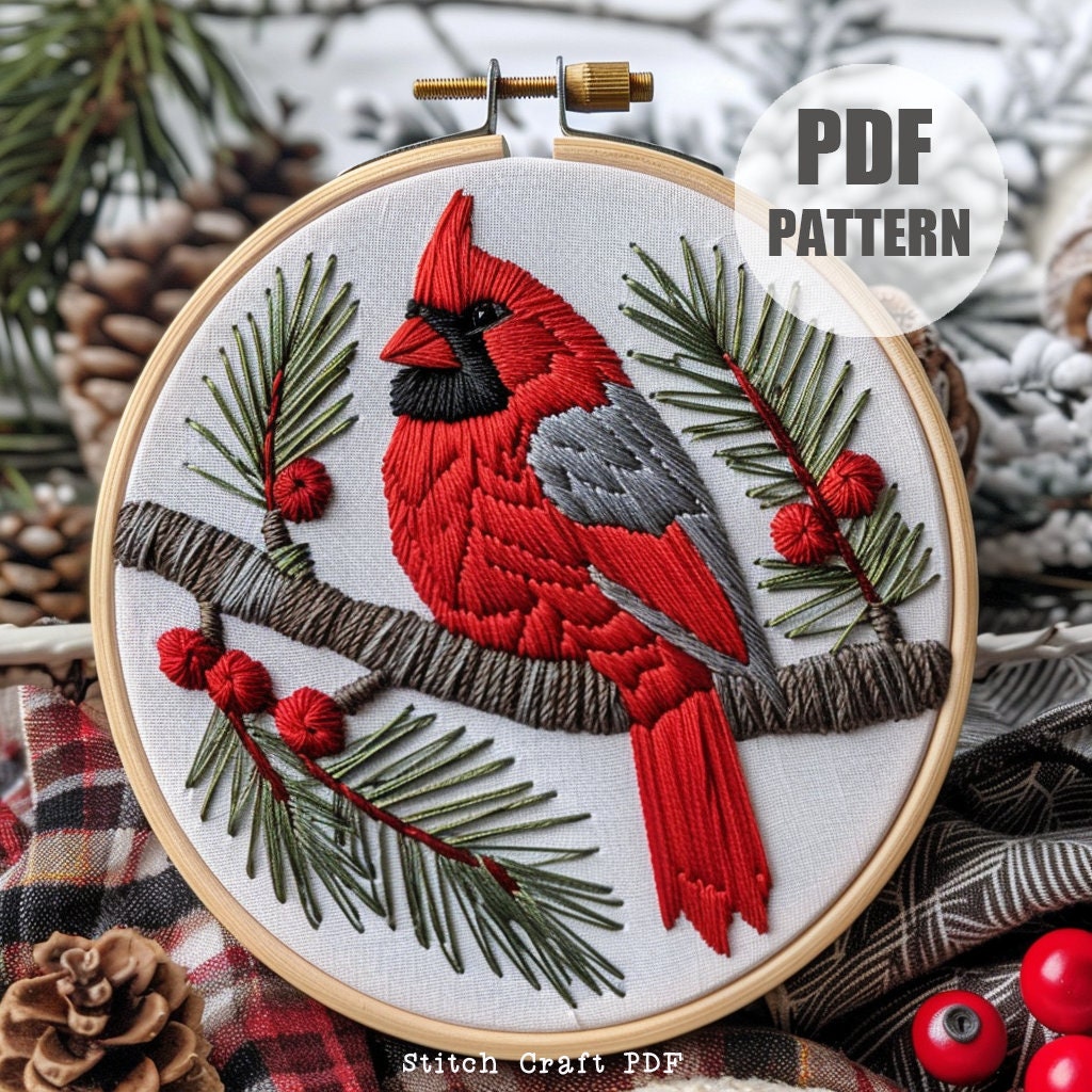 Winter Cardinal Hand Embroidery Pattern, Christmas Ornament, Winter ...
