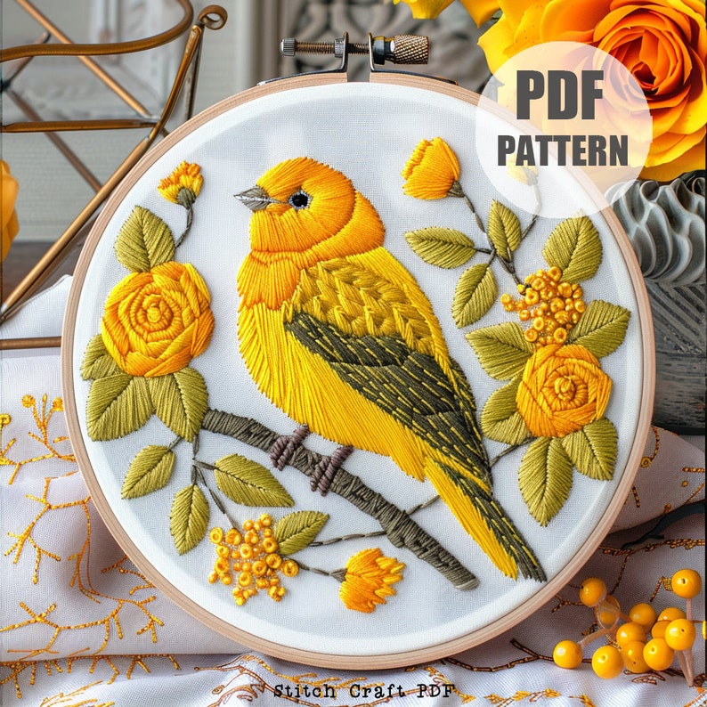 Canary Bird Hand Embroidery Pattern, Modern Floral Art (PDF Download ...