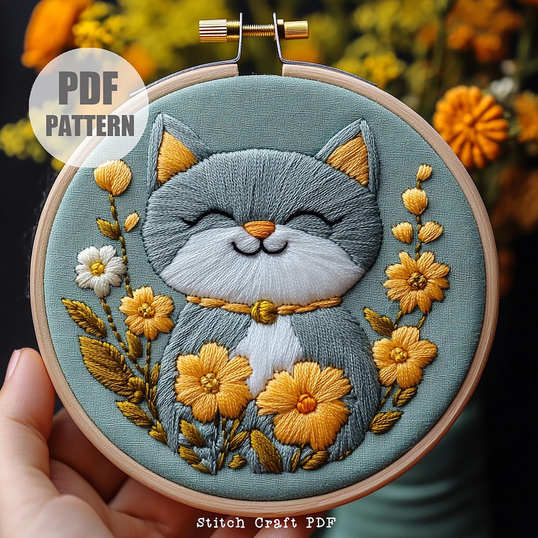 Floral Cat Embroidery Pattern, PDF Template, Cat Hand Embroidery, Cat ...