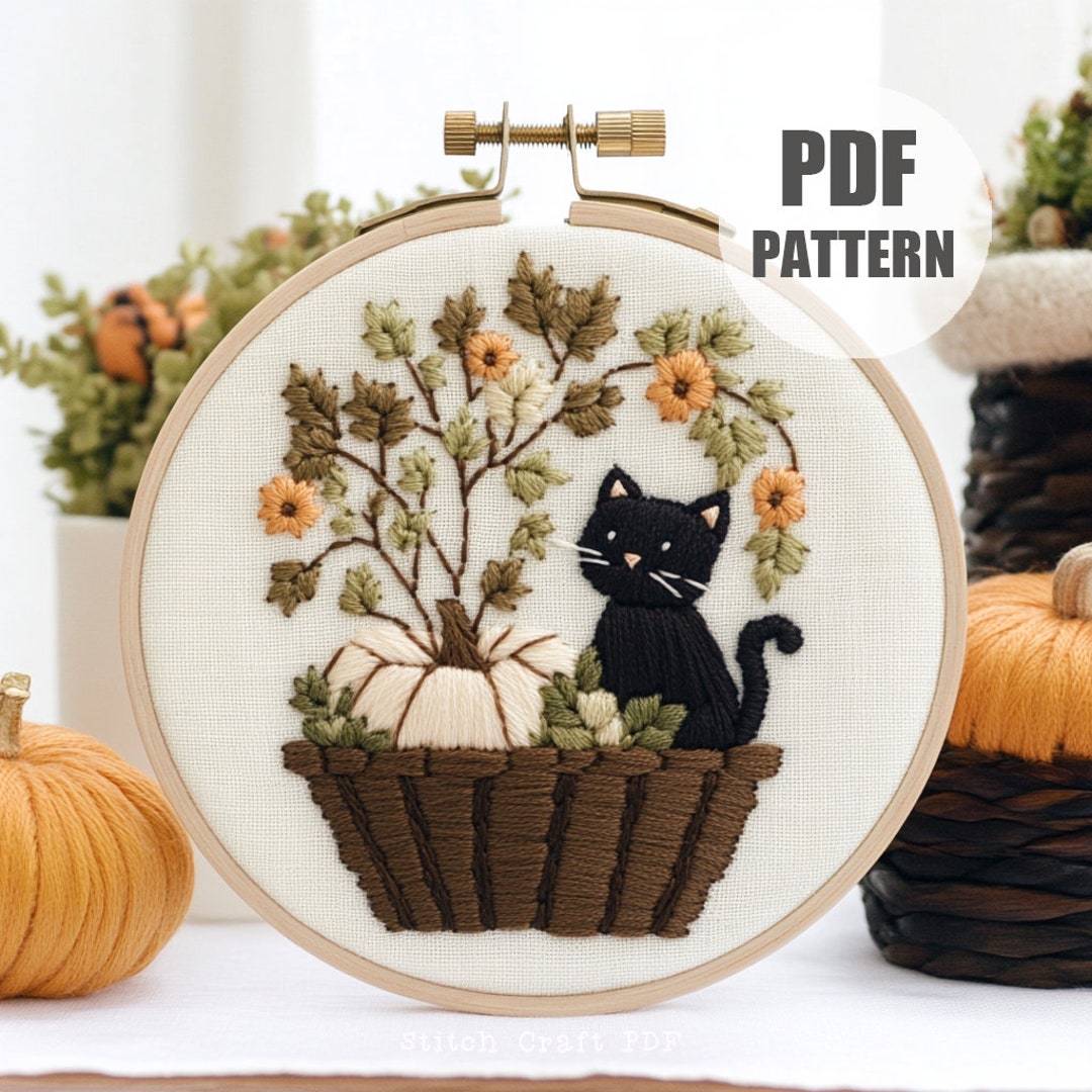 Halloween Cat Embroidery Template, Cute Cat Embroidery, Cat Lover Gift ...