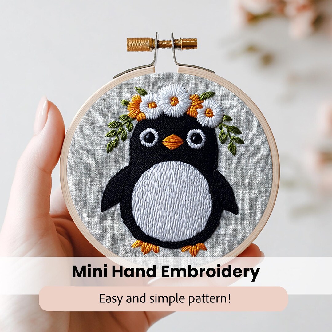 Floral Penguin Hand Embroidery Pattern: Spring DIY Needlework, Easy ...