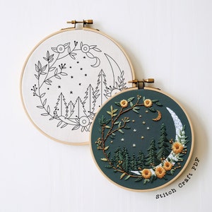 Flower Moon Embroidery Pattern, Instant Download, Floral Celestial ...