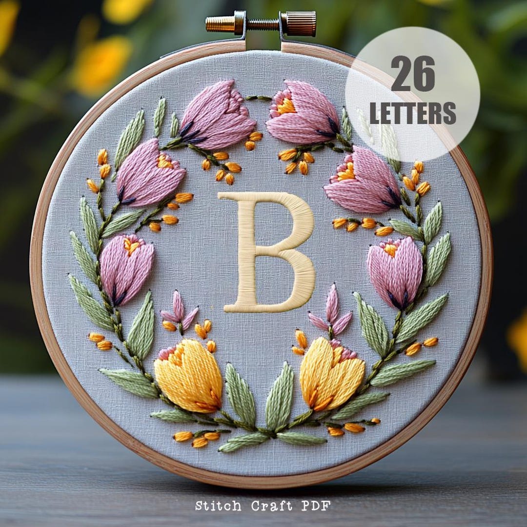 Tulip Wreath Alphabet Embroidery Pattern: Floral Initial, Needlepoint ...