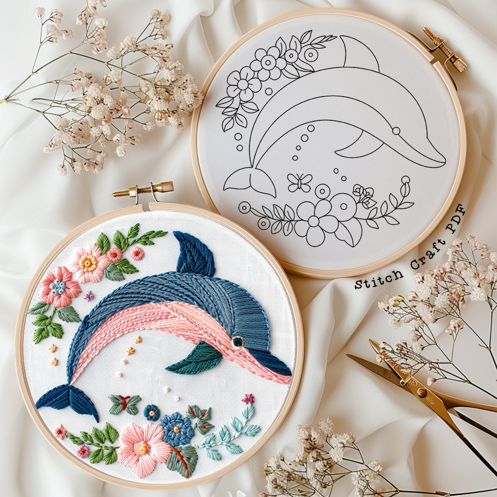 Dolphin Hand Embroidery, Dolphin Pattern, Ocean Embroidery Design ...