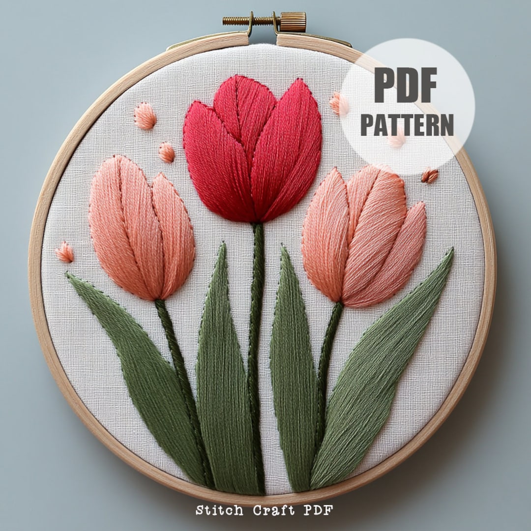 Pink Tulips Hand Embroidery, Embroidery Pattern, Tulip Pattern, Tulip Embroidery, DIY Embroidery ...