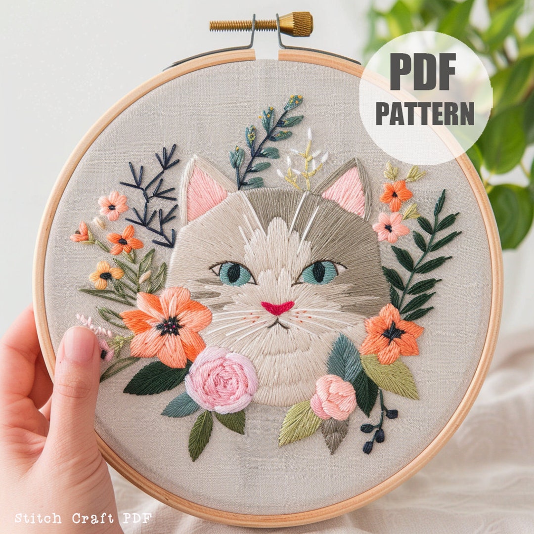 Floral Cat Embroidery Pattern, Embroidery Template, DIY Cat Hand ...