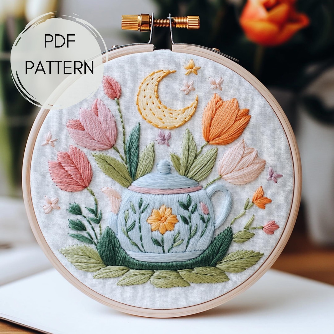 Floral Teapot Embroidery Pattern: DIY Spring Hoop Art, Handmade Design ...