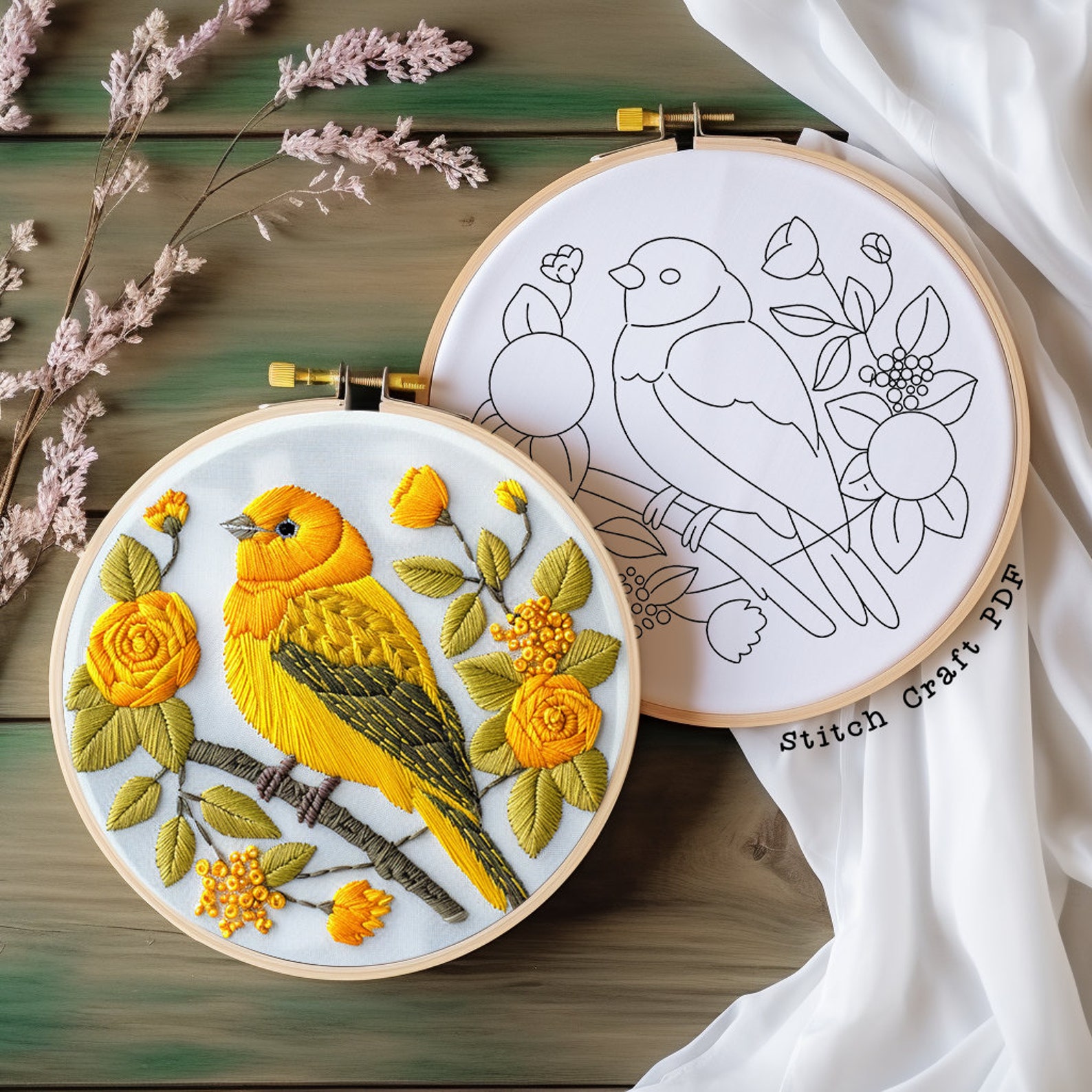 Canary Bird Hand Embroidery Pattern, Modern Floral Art (PDF Download ...