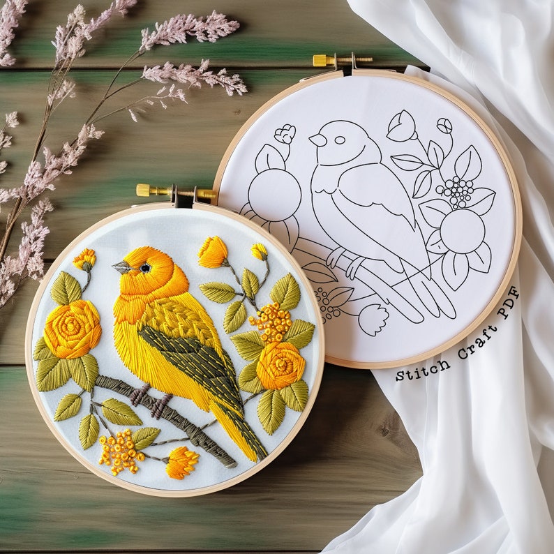 Canary Bird Hand Embroidery Pattern, Modern Floral Art (PDF Download ...