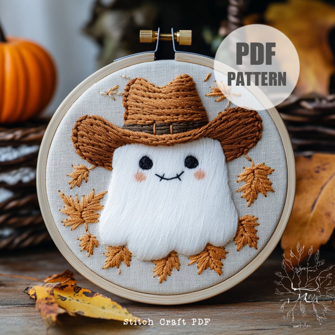 Cowboy Ghost and Fall Leaves Embroidery Pattern, Autumn Hand Embroidery ...