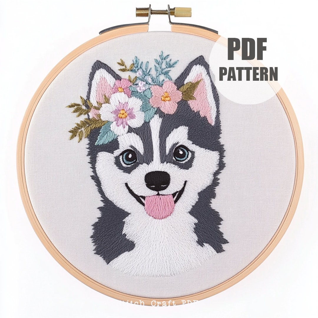 Husky Embroidery Pattern: Floral Crown Dog Design (PDF Pattern) - Etsy