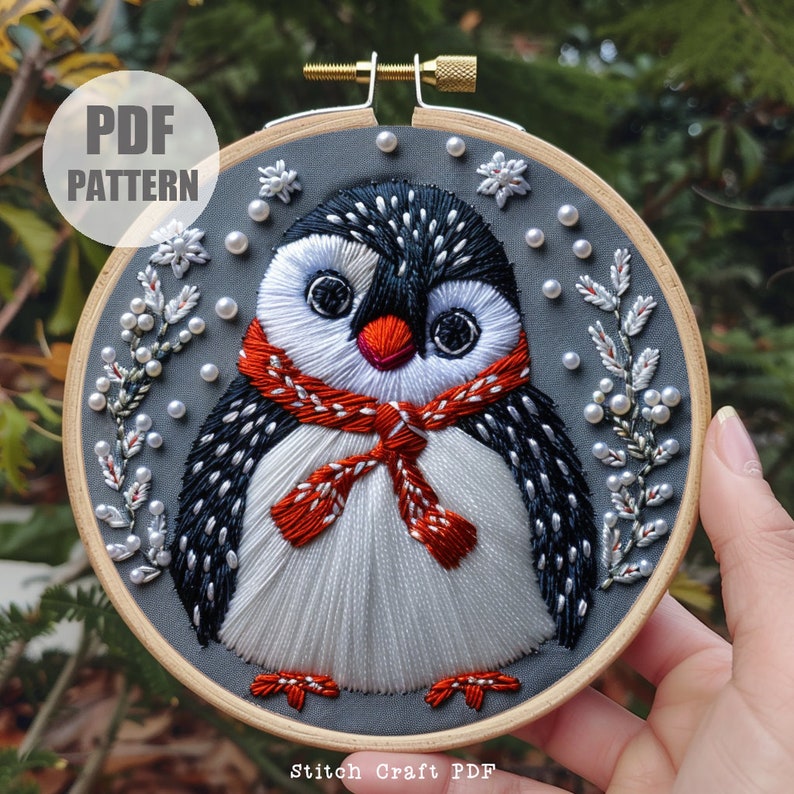 Christmas Penguin Hand Embroidery, Embroidery Pattern, Penguin Embroidery, Christmas Pattern ...