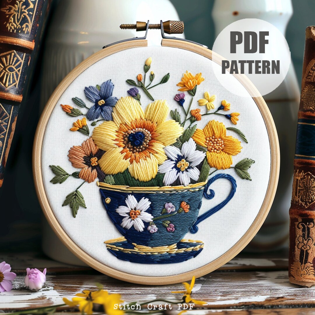 Tea Cup With Flowers Embroidery Template, Instant Download, Teacup ...