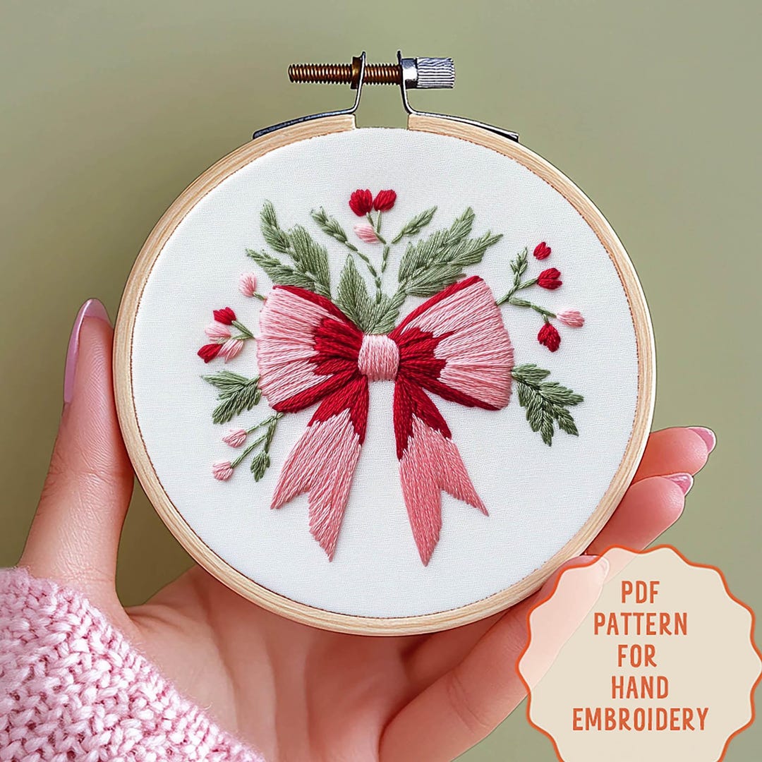 Floral Bow Embroidery Pattern, Elegant Hand Embroidery Design, Romantic ...