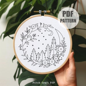 Flower Moon Embroidery Pattern, Instant Download, Floral Celestial ...