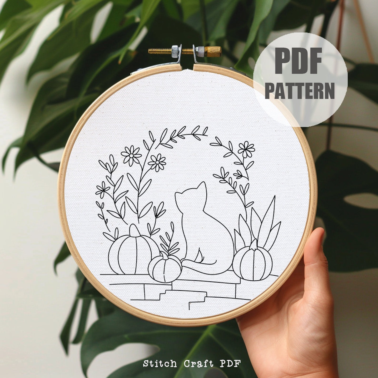 Cute Cat Embroidery Pattern, Instant Download, Pumpkin Embroidery ...
