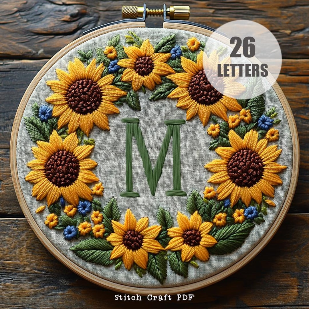 26 Letters Sunflowers Wreath Embroidery Pattern, Alphabet Ornament PDF ...