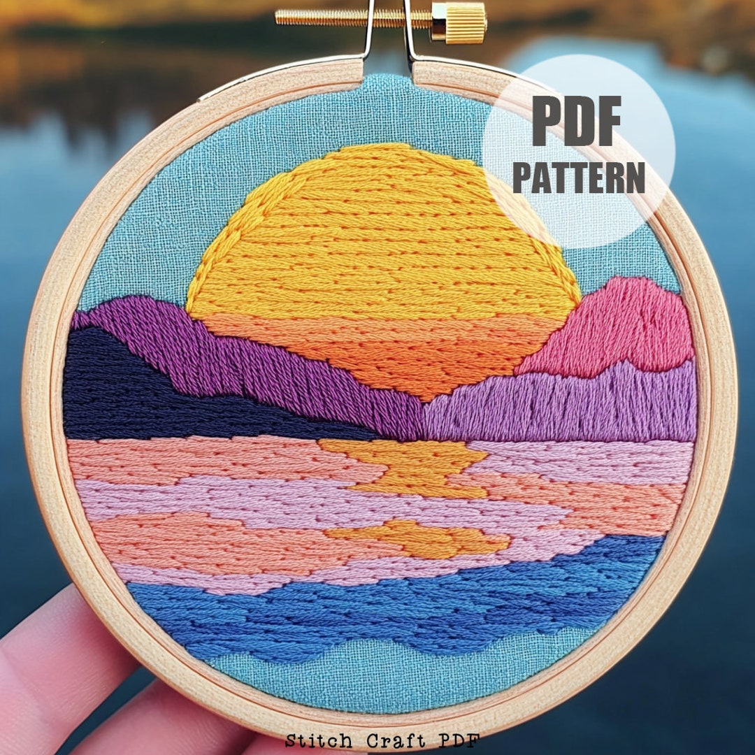 Landscape Hand Embroidery Pattern, Colourful Embroidery Template, Home ...