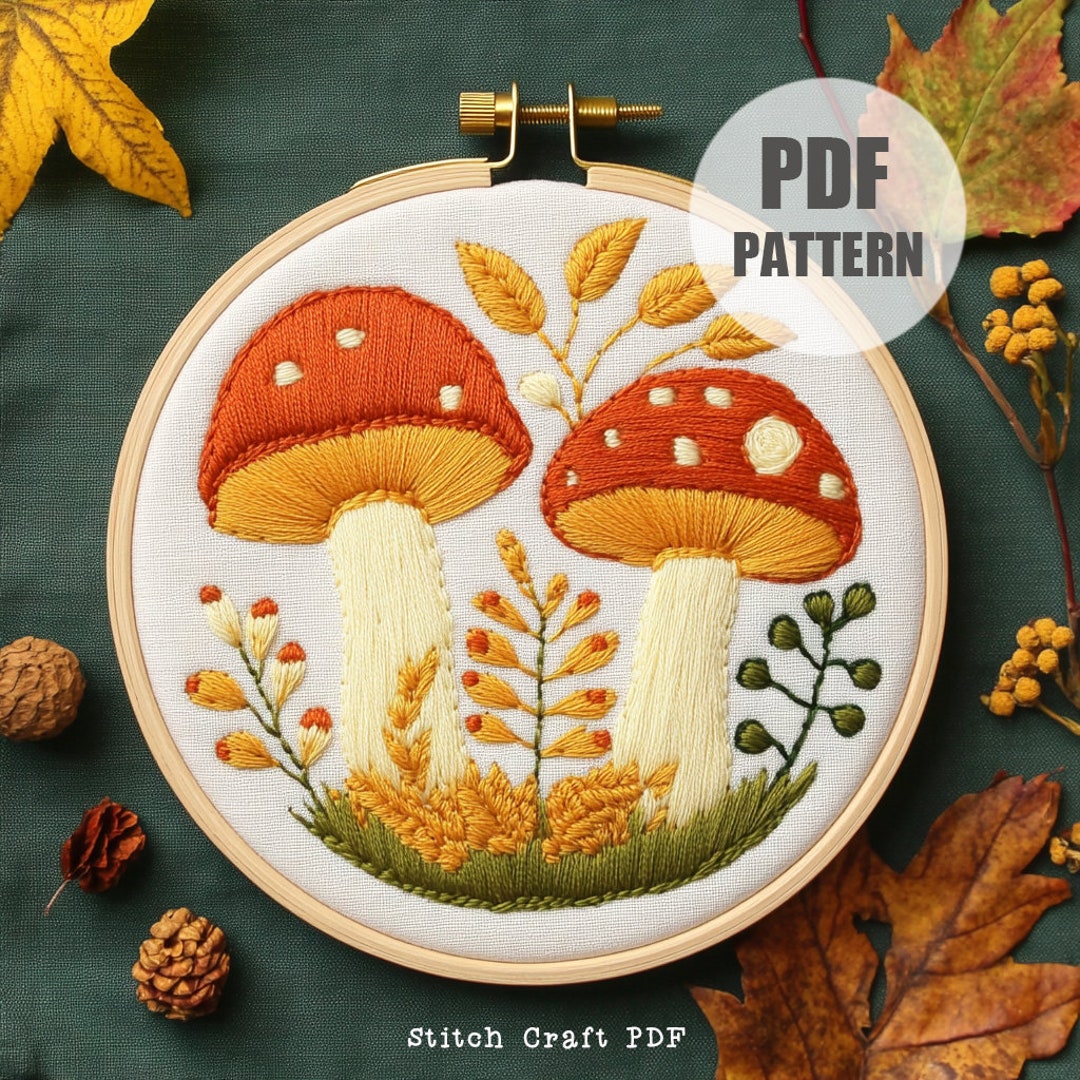 Cottage Hand Embroidery Pattern, Mushroom Embroidery Template ...