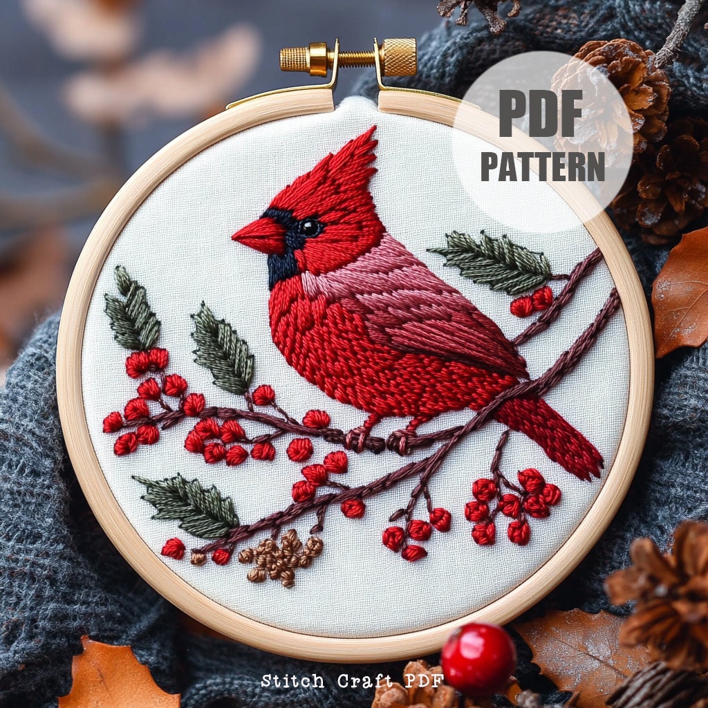 Red Cardinal Hand Embroidery Pattern, Bird With Berries, DIY Creative ...
