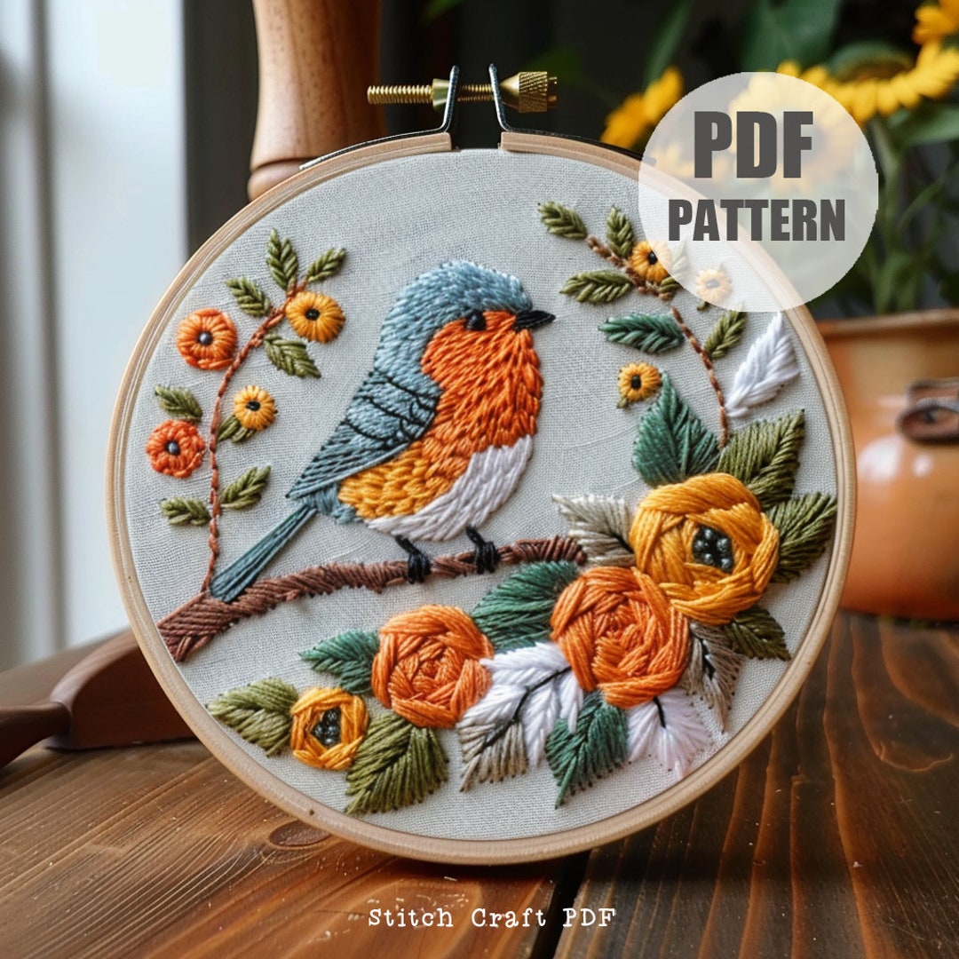Bird Hand Embroidery, Embroidery Pattern, Autumn Bird Embroidery, Robin ...