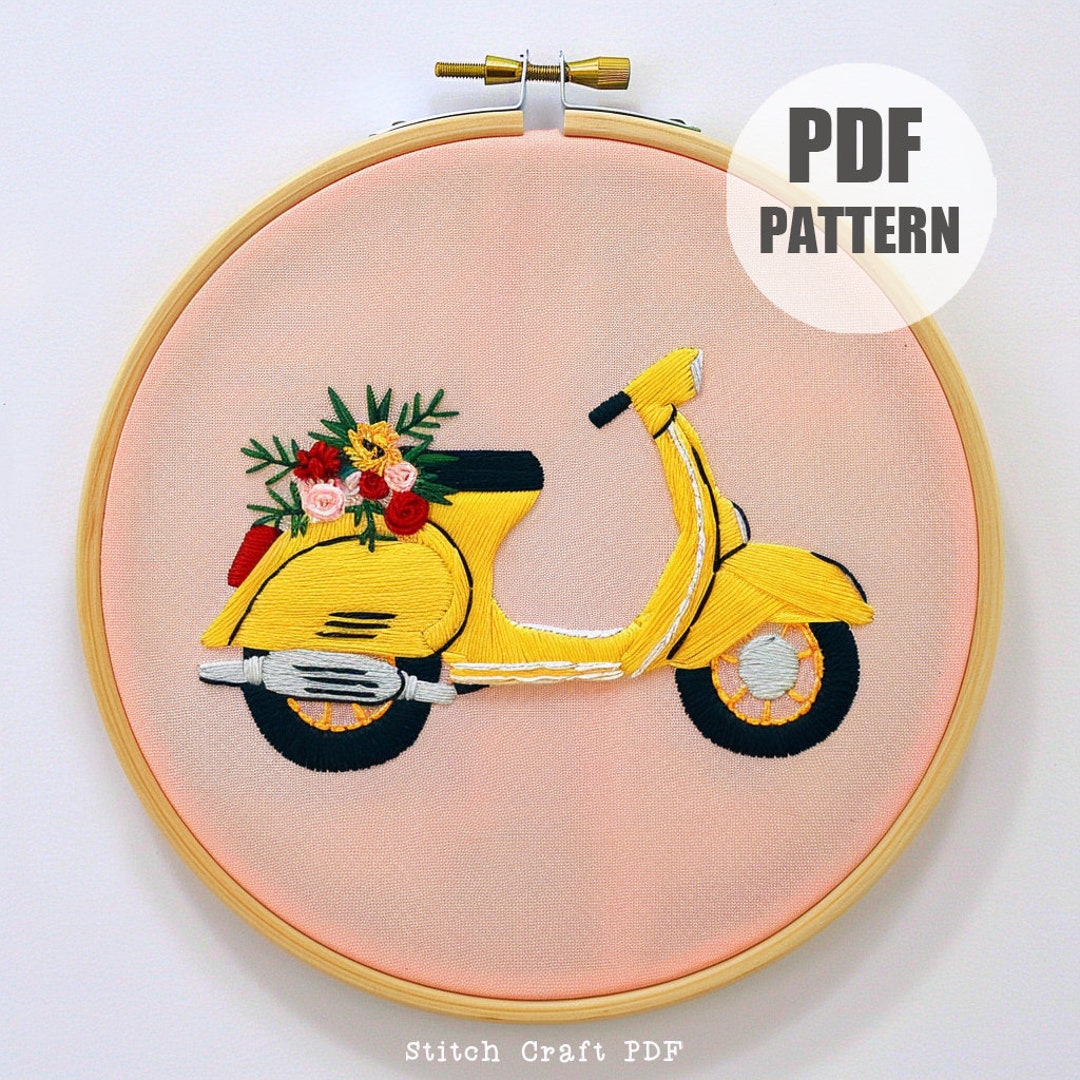Retro Scooter Hand Embroidery Pattern, Embroidery Designs, DIY ...