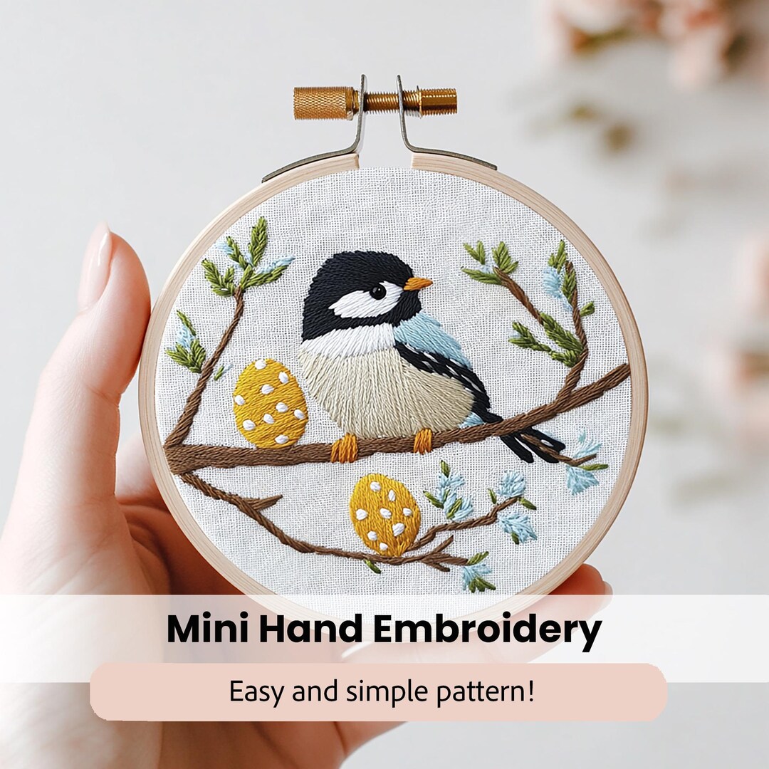Easter Chickadee Embroidery Pattern, Botanical Bird Embroidery Template ...