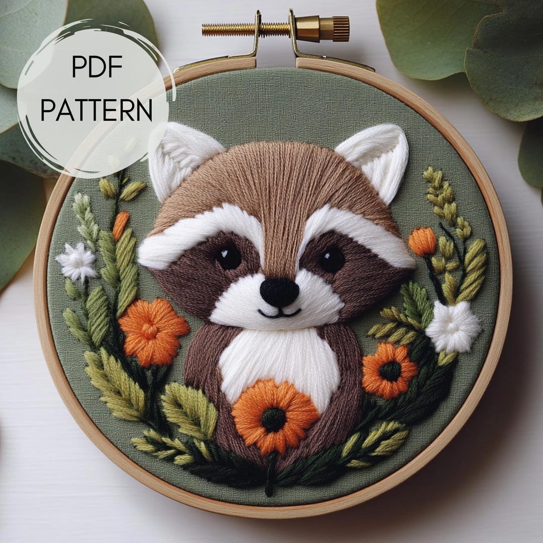 Raccoon Embroidery Pattern, Cute Raccoon Embroidery Design, Kids ...