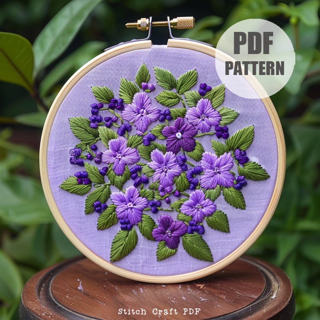 Purple Floral Embroidery Pattern, Spring Decor, Mindful Craft (PDF ...