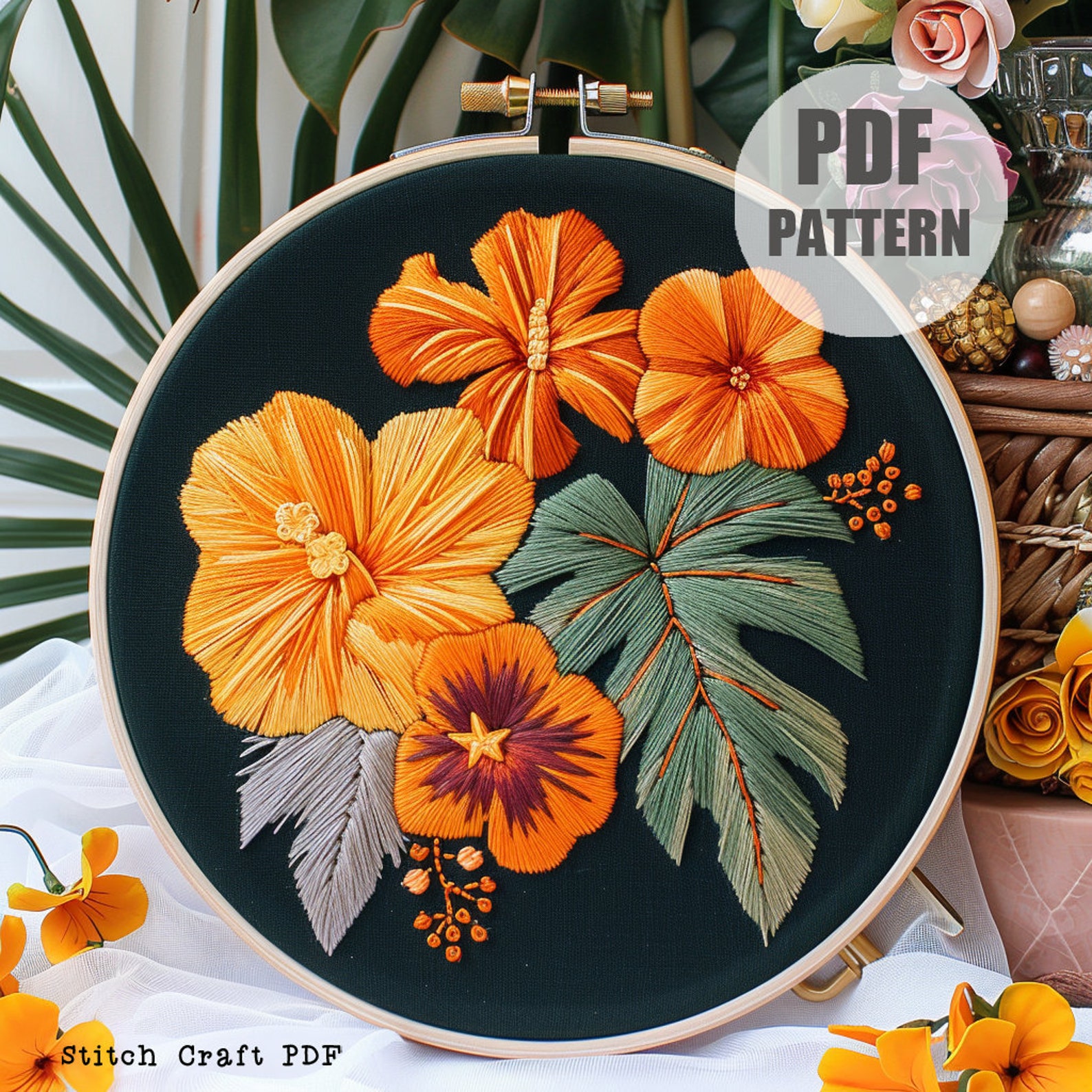 Tropical Flowers Hand Embroidery Pattern, Tropical Embroidery Pattern ...