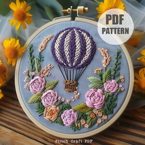 Purple Hot Air Balloon Hand Embroidery, Instant Download, Fun Spring ...