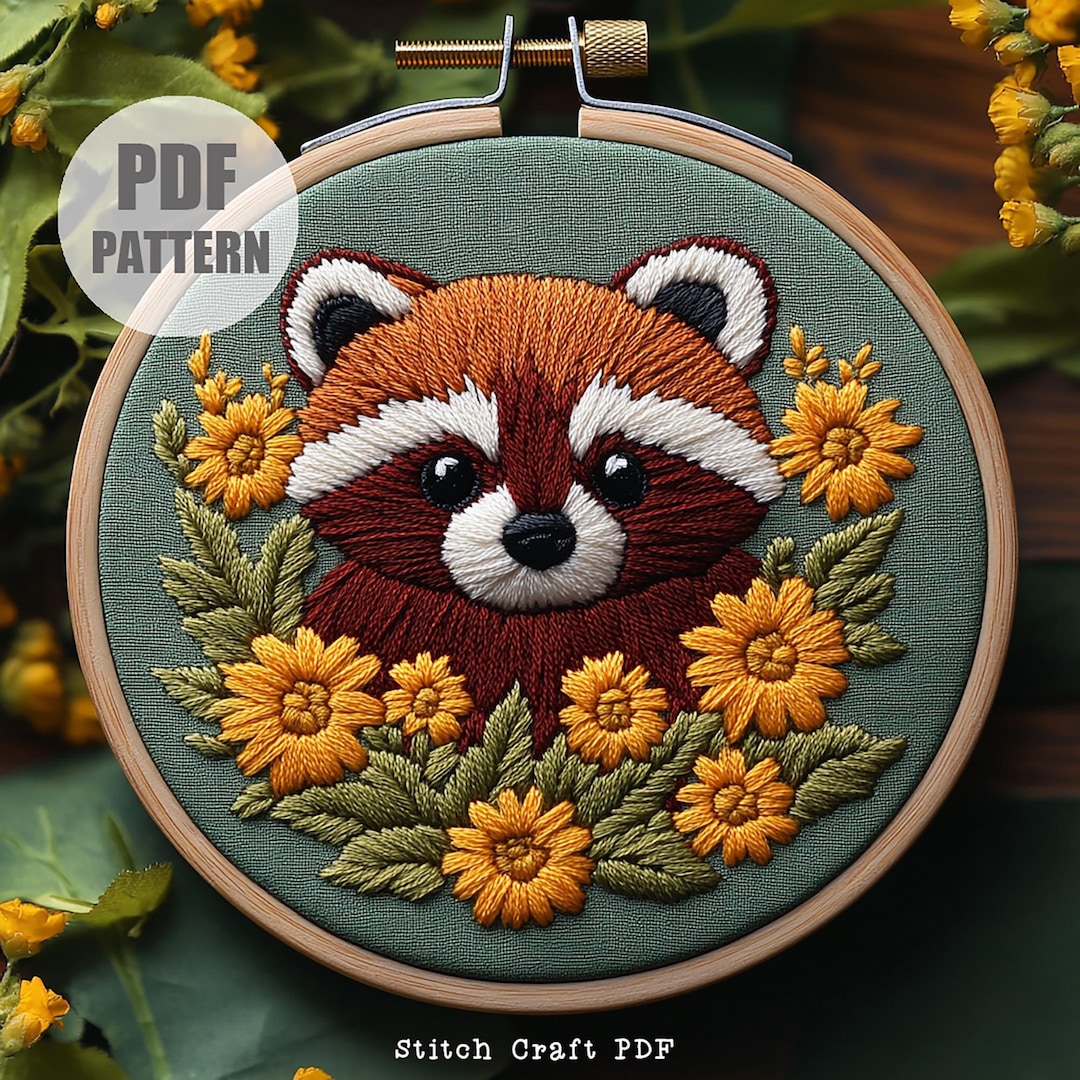 Red Panda Hand Embroidery Pattern, Nursery Embroidery Racoon Embroidery ...