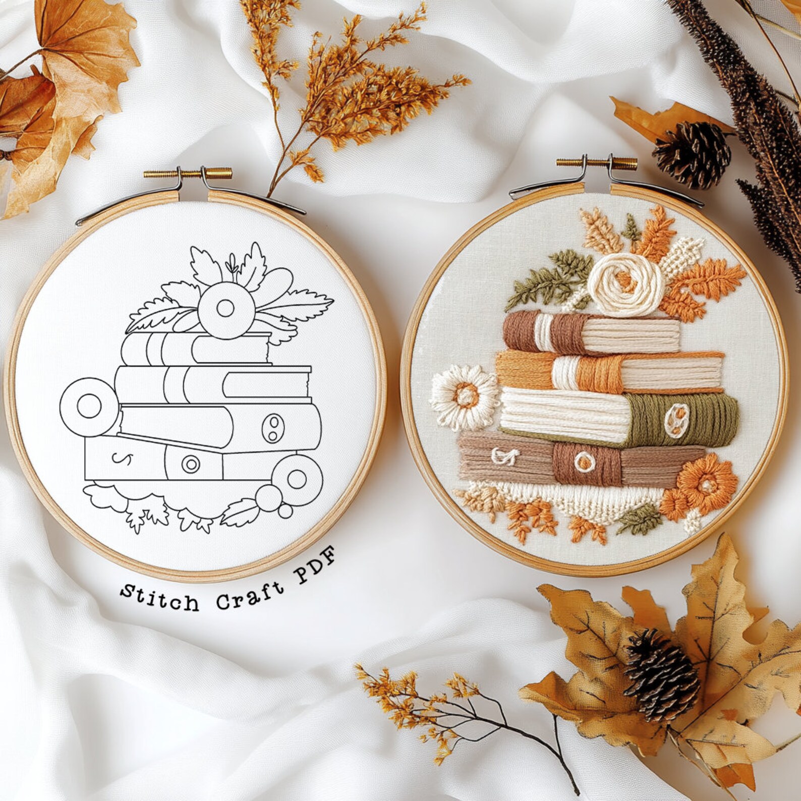 Books and Flowers Hand Embroidery Pattern: Autumn Decor (PDF Pattern ...