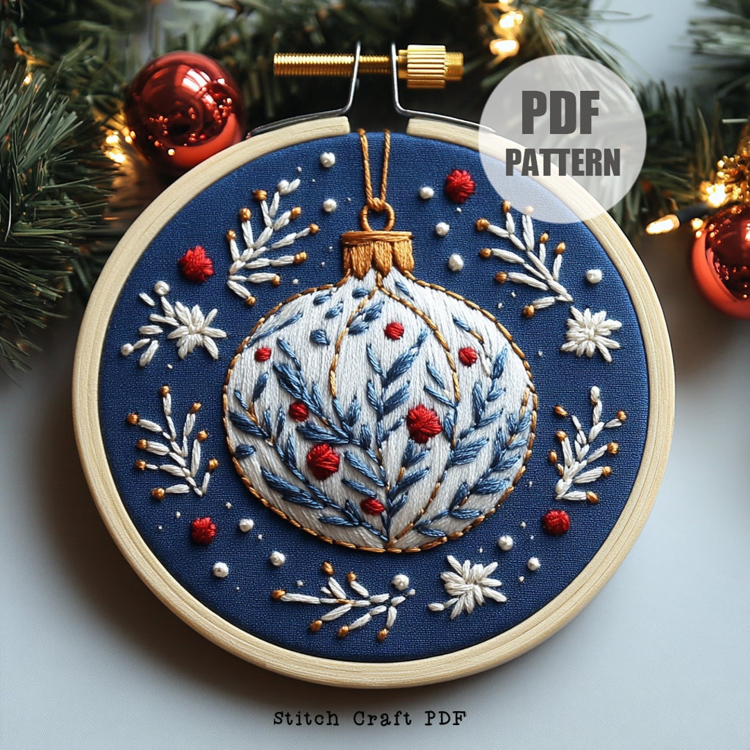 Blue Bauble Embroidery Pattern, Christmas Floral Embroidery, Embroidery ...