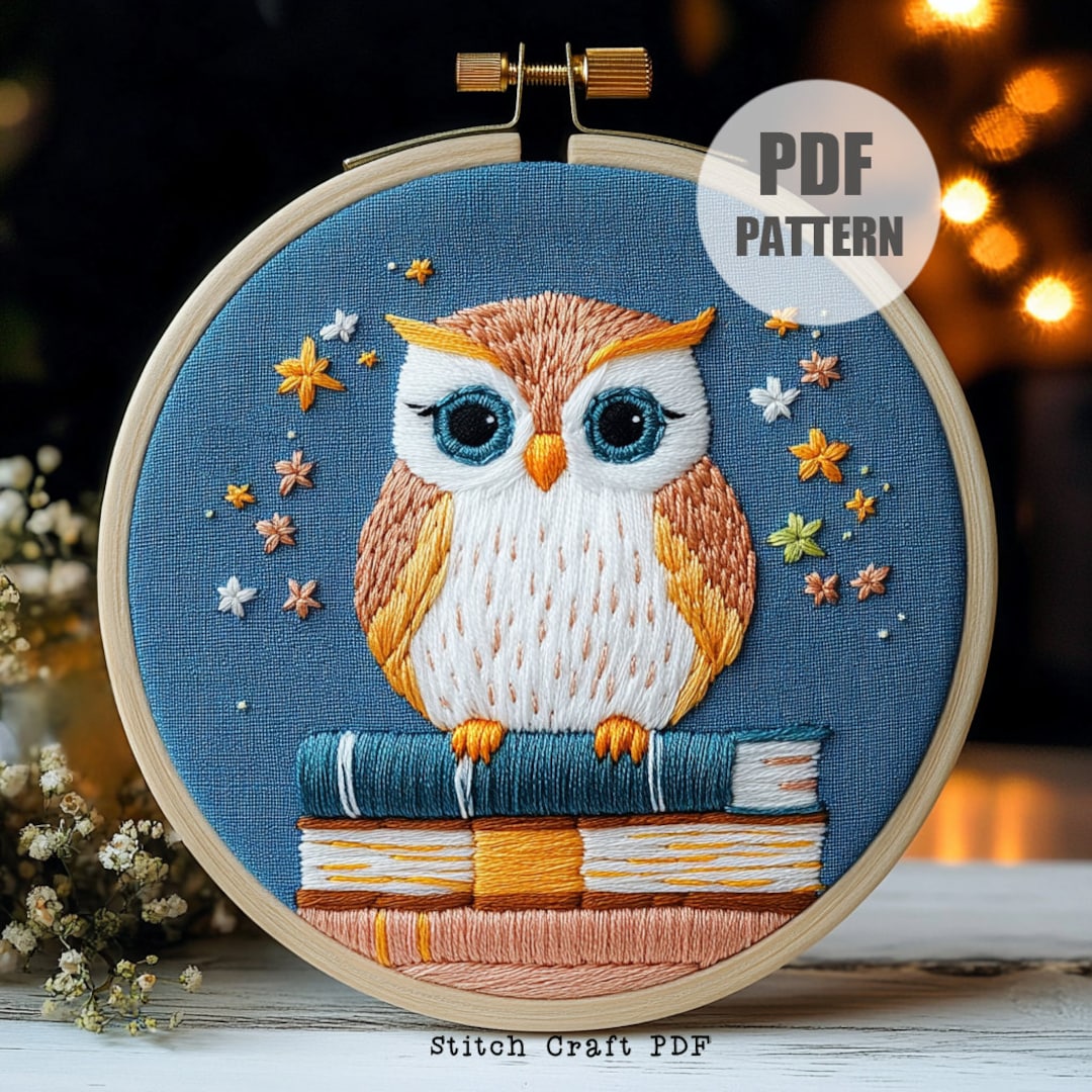 Owl Embroidery Pattern, Book Embroidery Pattern, Book Lover Gift, Owl ...