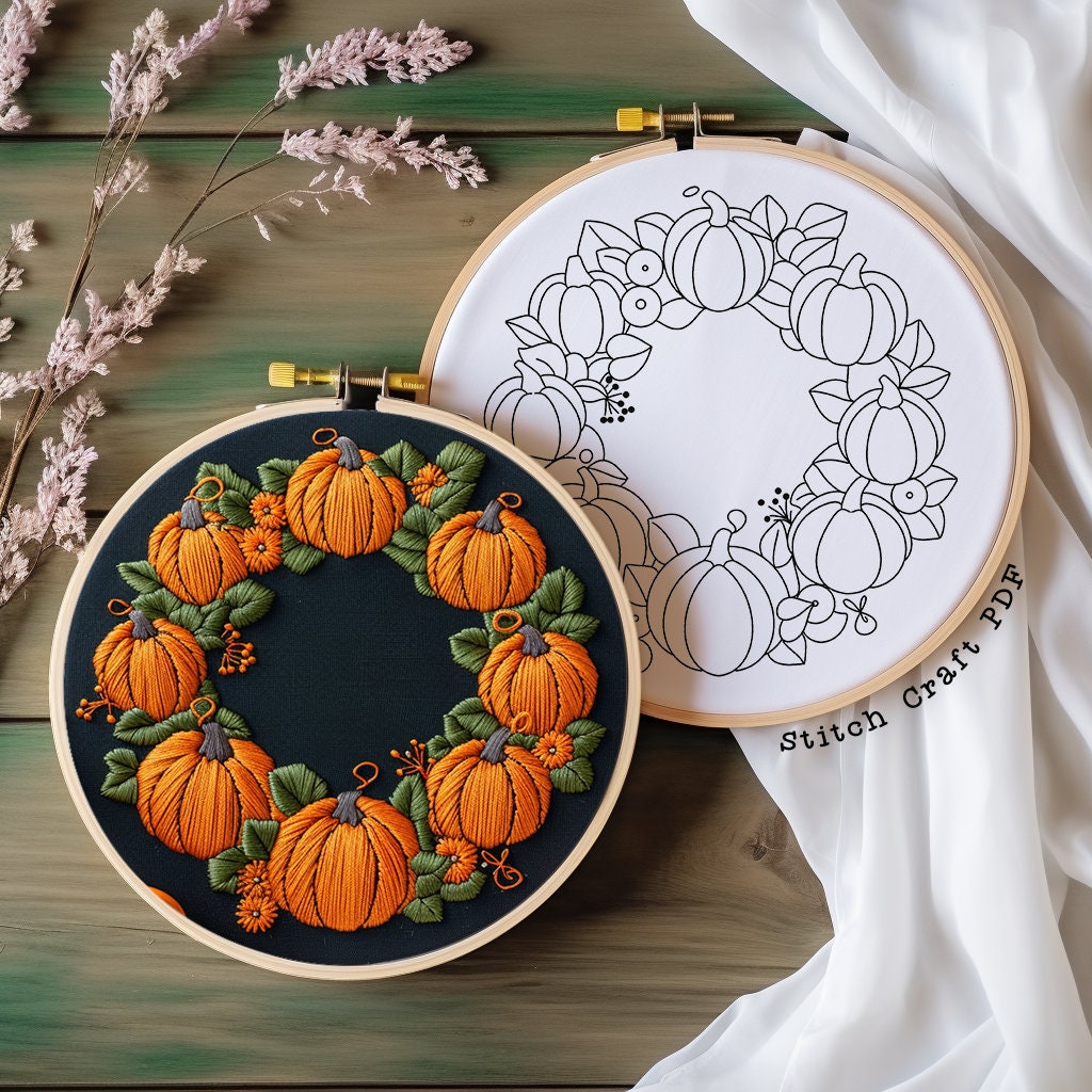 Pumpkin Wreath Hand Embroidery, Embroidery Pattern, Pumpkin Embroidery ...