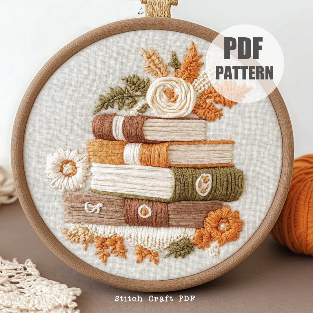 Books and Flowers Hand Embroidery Pattern: Autumn Decor (PDF Pattern ...