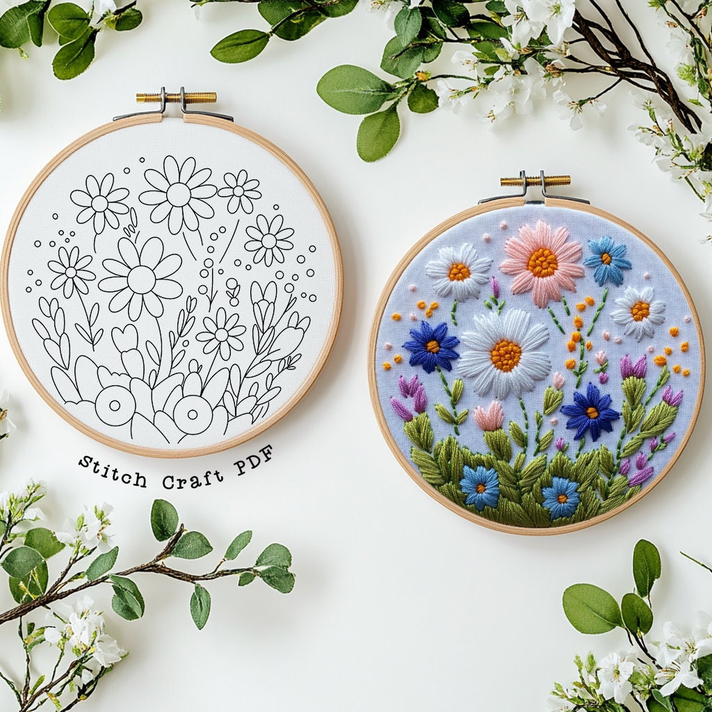 Floral Meadow Embroidery Pattern PDF, Flower Embroidery, Hand ...