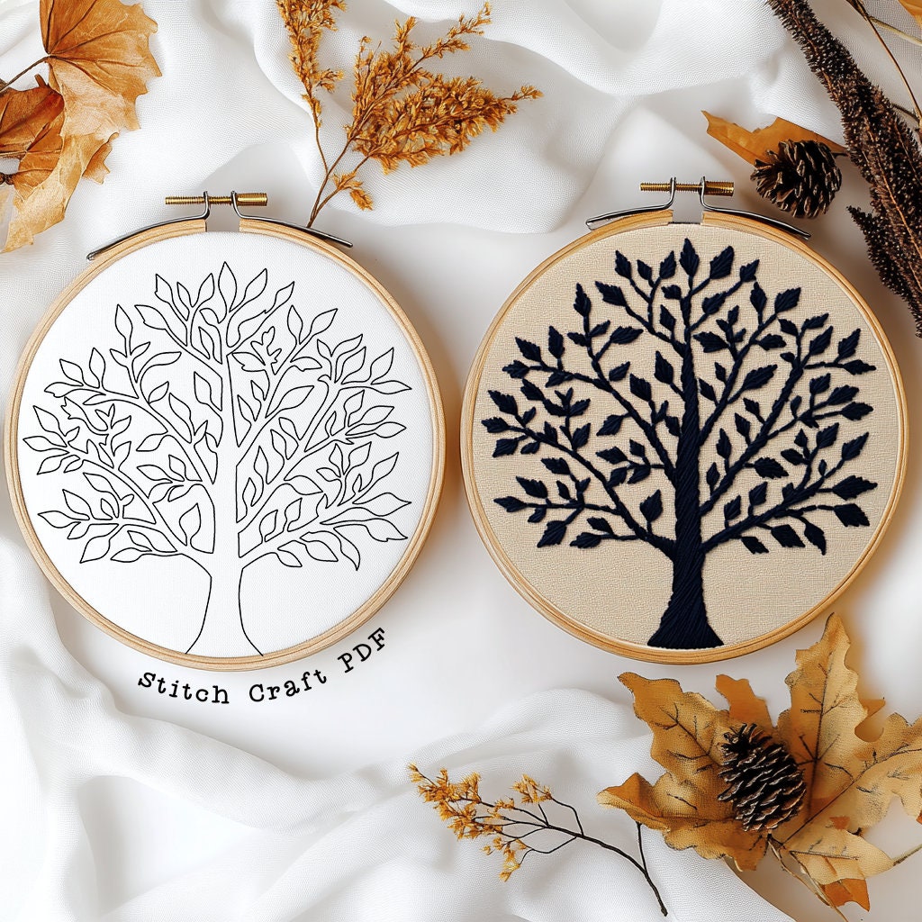 Black Tree Hand Embroidery Pattern, Botanical Embroidery Template ...