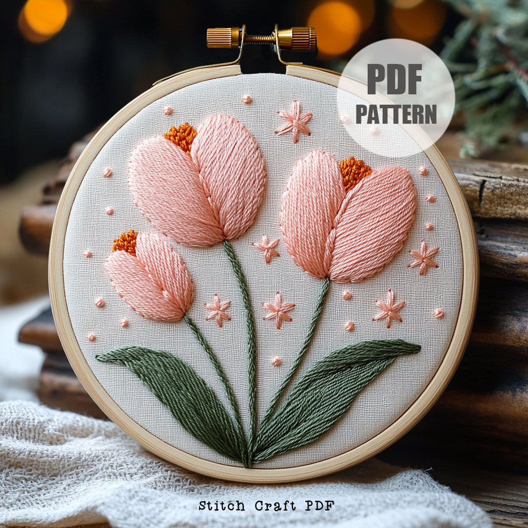 Tulips Hand Embroidery Pattern, Spring Flowers Embroidery Pattern ...