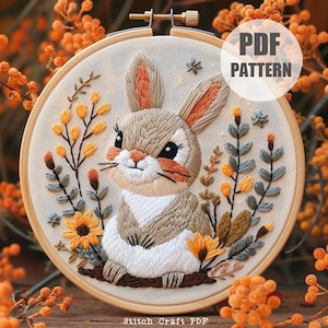 Autumn Bunny Hand Embroidery Pattern, Woodland Bunny Embroidery, Easter ...